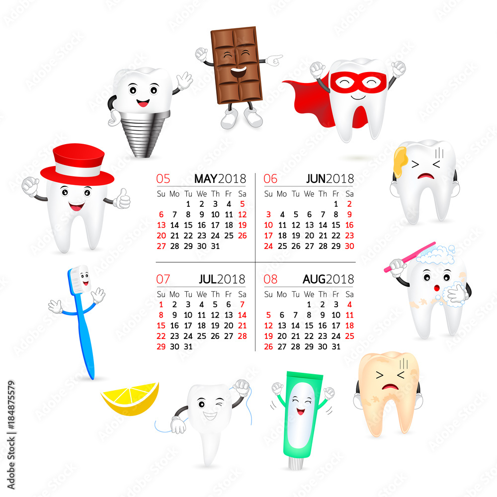 Cute cartoon tooth character set on circle shape. Four month calendar ...