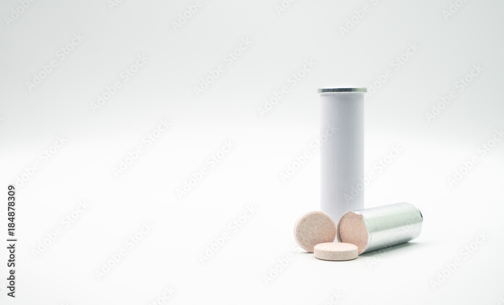 Effervescent tables tube with blank label and copy space on white ...