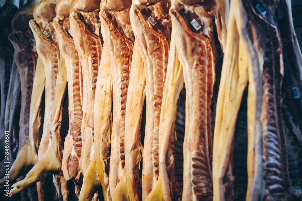 Chopped pig at a factory Stock Photo | Adobe Stock
