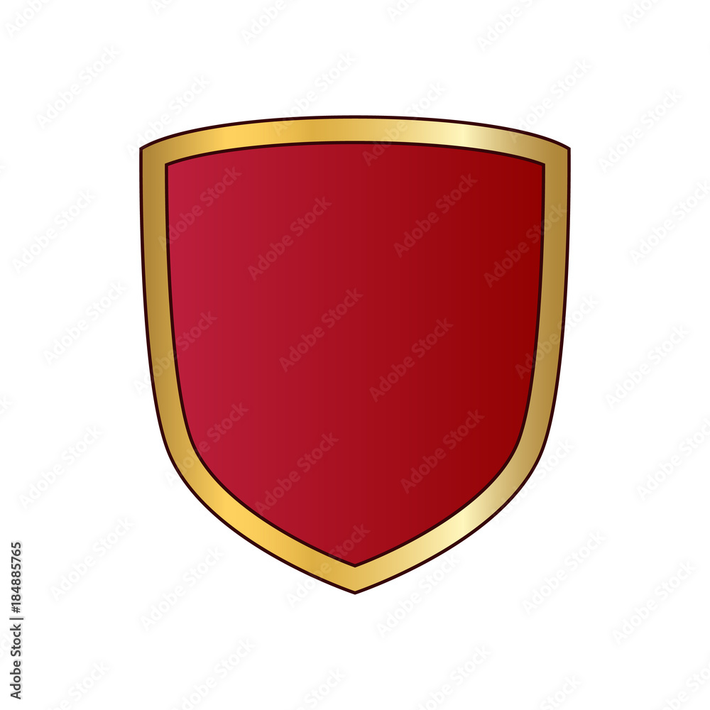 Gold and red shield shape icon. Logo emblem metallic sign isolated on ...