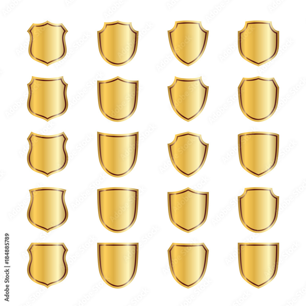 Gold shield shape icons set. 3D golden emblem signs isolated on white ...