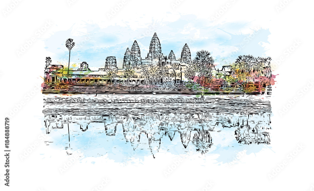 Angkor Wat Temple, Cambodia. Watercolor splash with hand drawn sketch ...