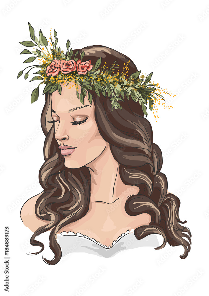 Wedding portrait. Beautiful young girl with long hair and a wreath on ...