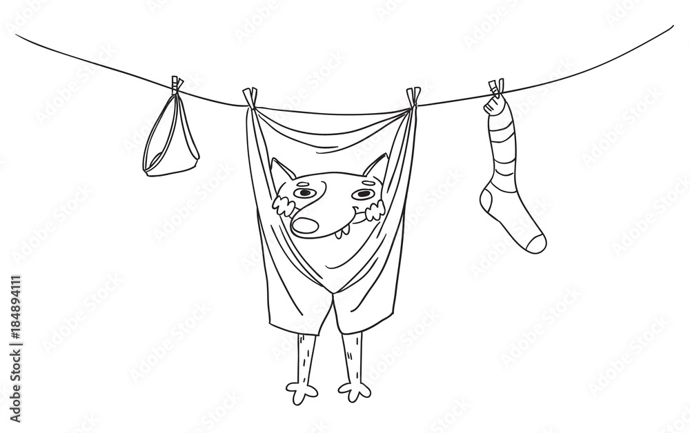 Funny dog hanging in pants on clothes dryer rope. Hand drawn vector ...