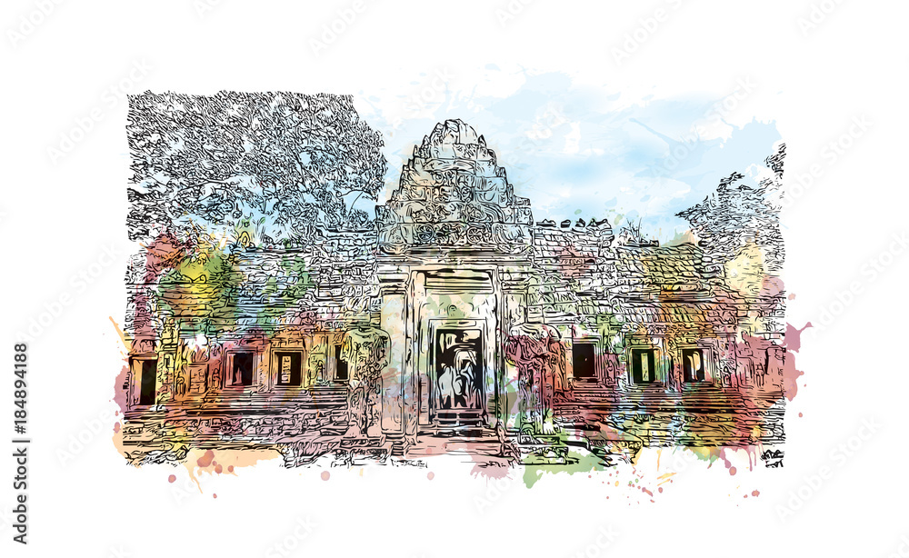 Angkor Wat Temple, Cambodia. Watercolor splash with hand drawn sketch ...