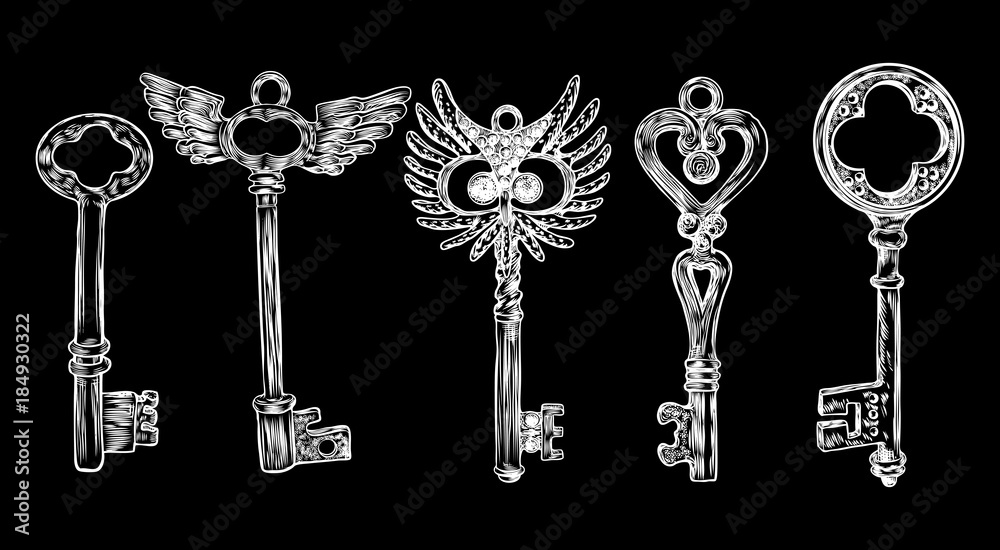 Ornamental medieval vintage keys set with intricate design, Victorian ...