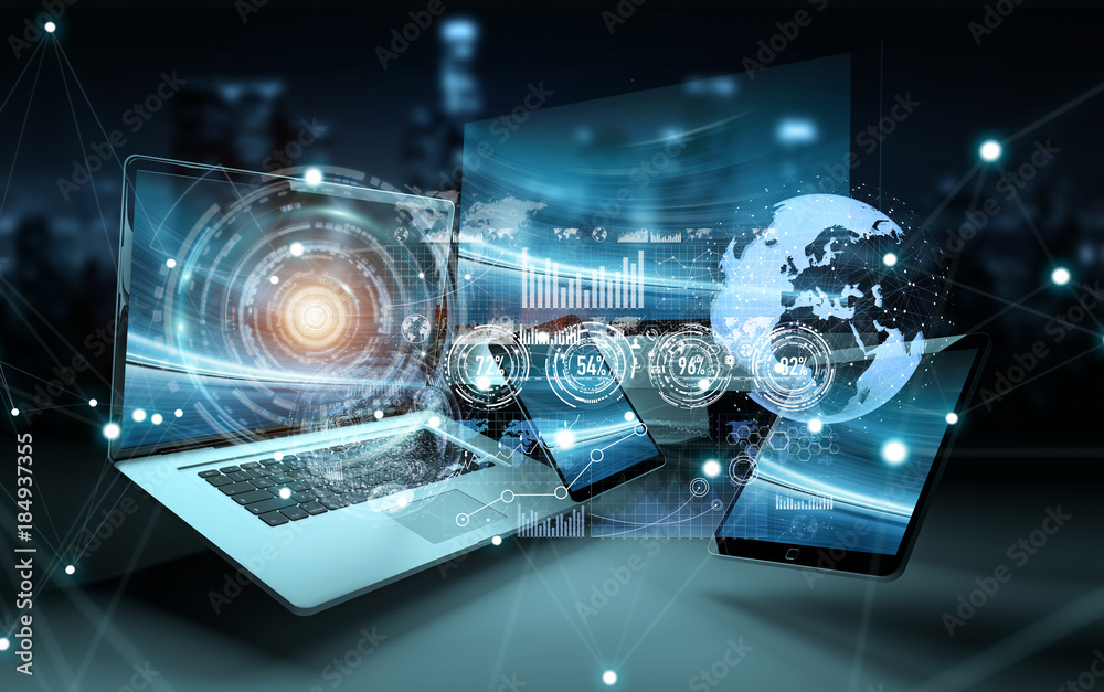 Hologram interface in front of modern devices 3D rendering Stock Photo ...