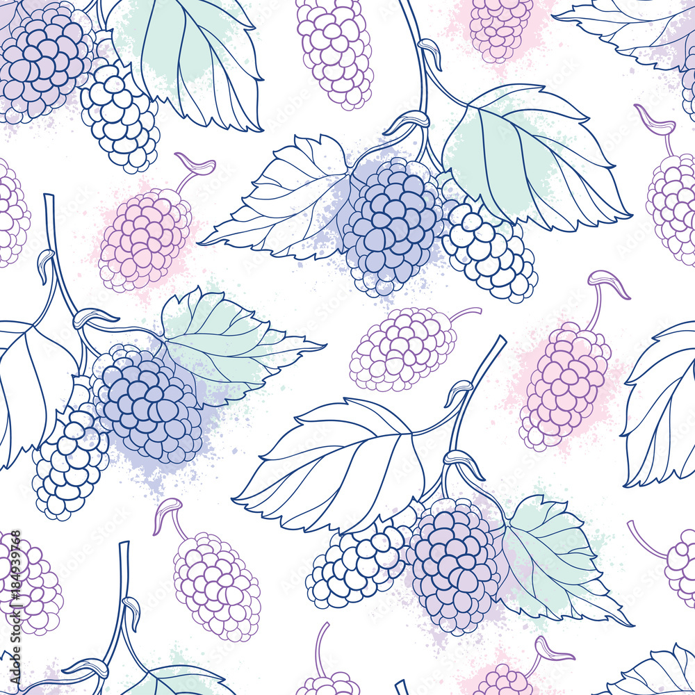Vector seamless pattern with outline Mulberry or Morus bunch with berry ...