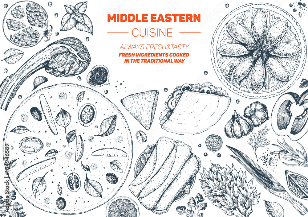 Middle eastern cuisine top view frame. Food menu design with manakish ...