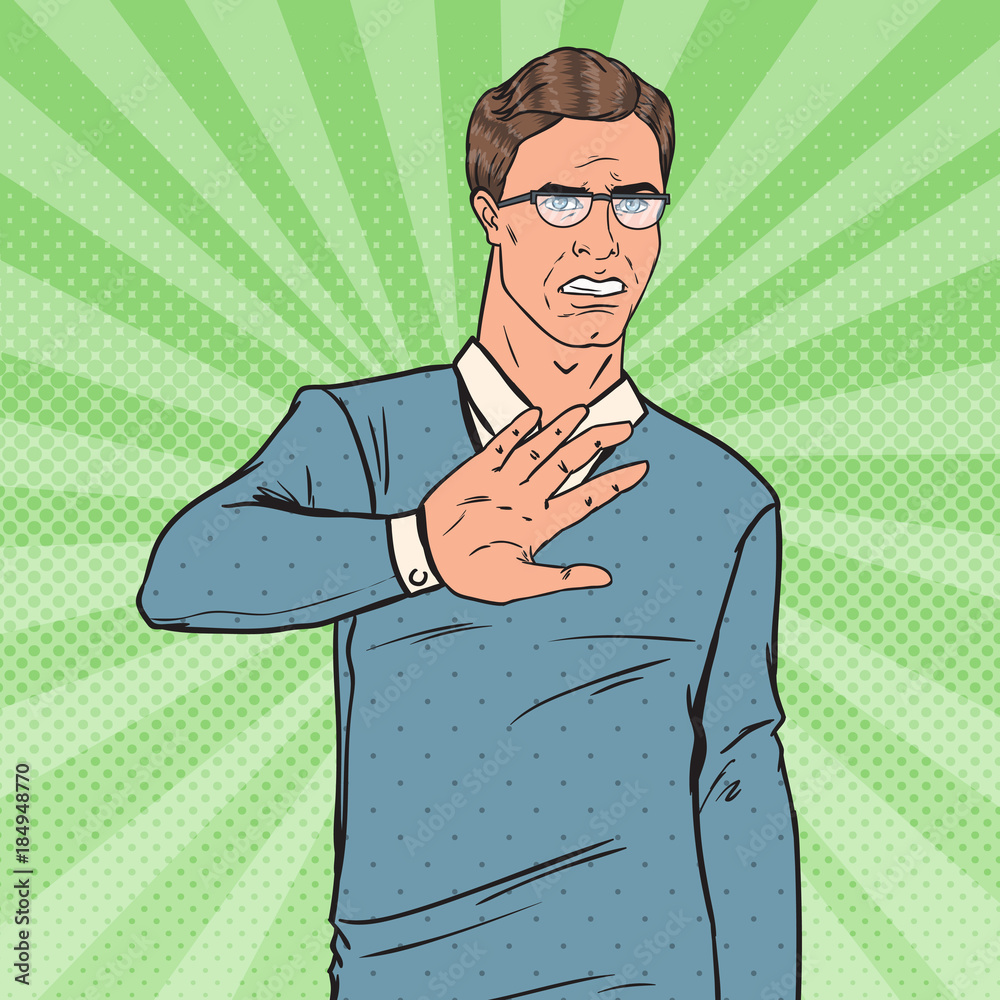 Pop Art Disgusted Man. Guy Showing Stop Hand Sign. Vector illustration ...