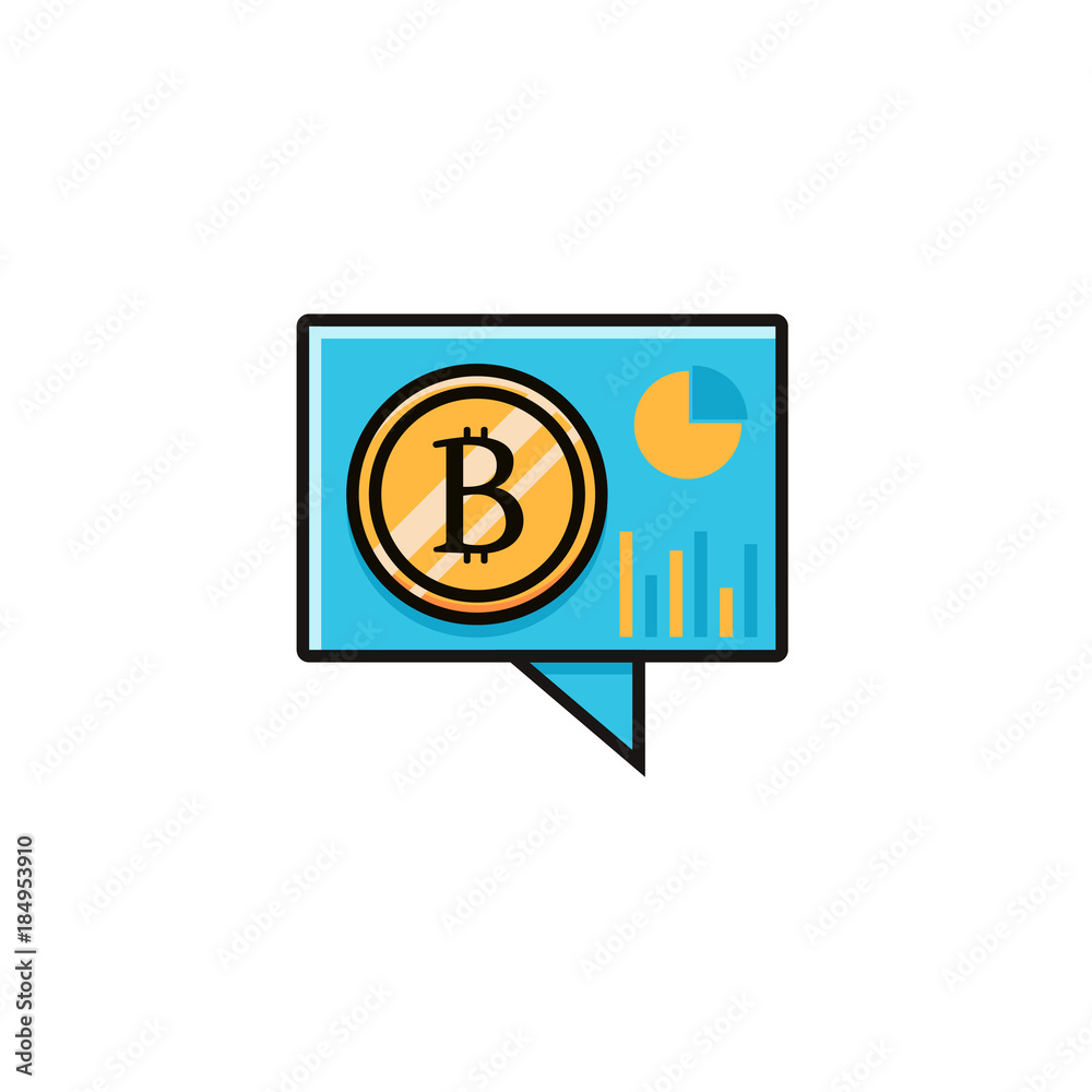 Bitcoin sign and rectangle speech bubble flat color line icon. Bit coin ...