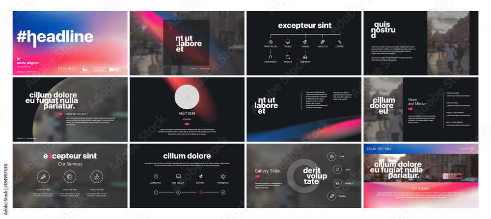Dark minimal presentation templates elements on a black background ...