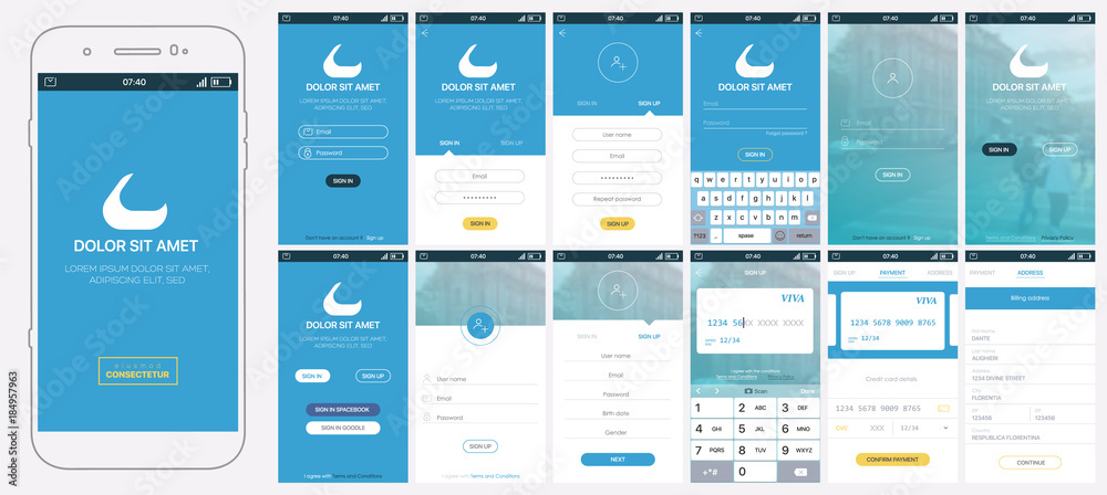 Design Mobile App login. UI, UX and GUI layout. Set of user registration screens, account sign ...