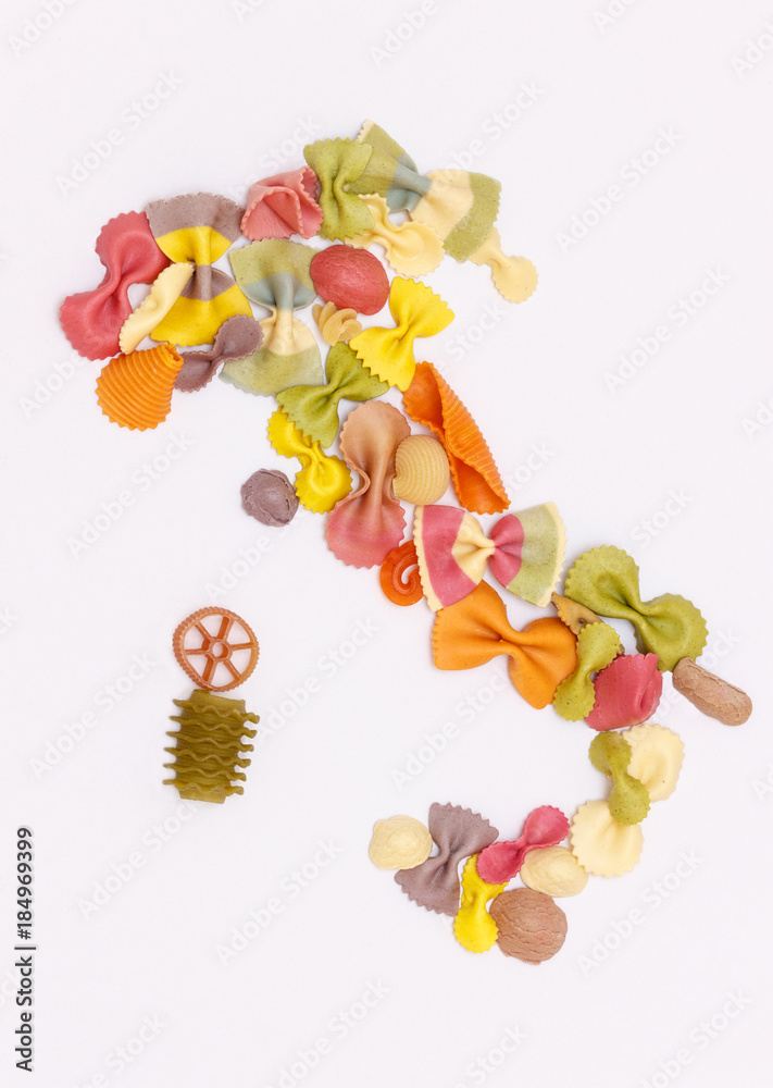 The map of italy made with different shapes of pasta. White background ...
