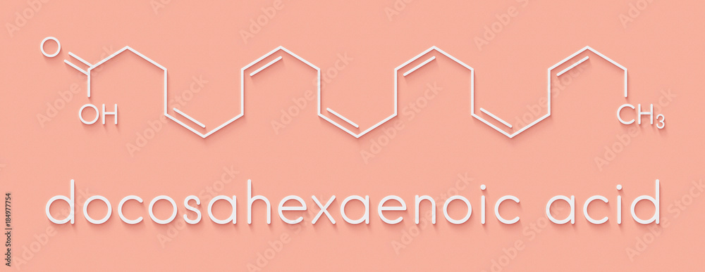 Docosahexaenoic acid (DHA, cervonic acid) molecule. Polyunsaturated ...