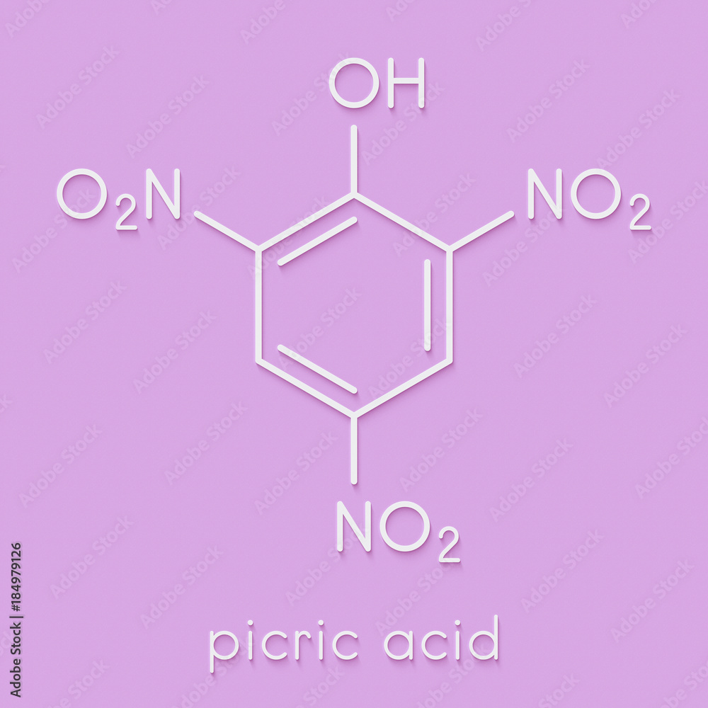Picric acid (2,4,6-trinitrophenol) explosive molecule. Skeletal formula ...