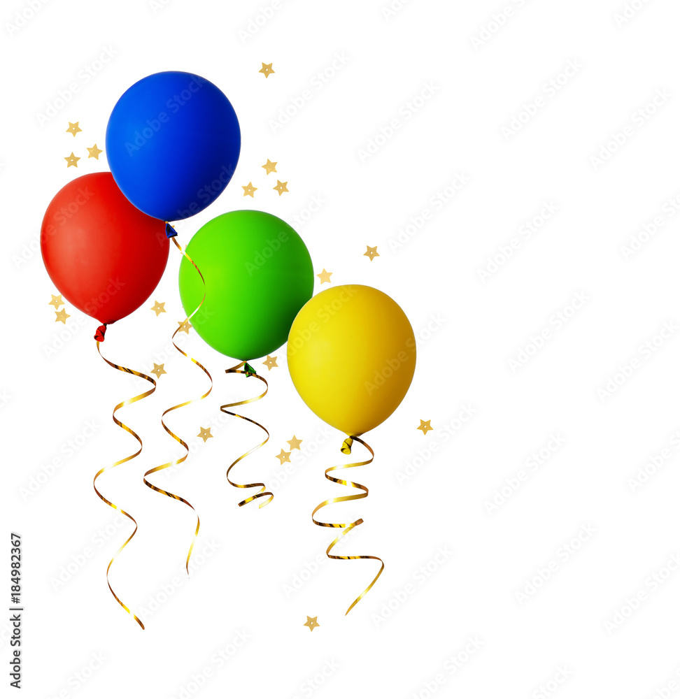 Set of red, blue, green and yellow balloons with gold ribbons Stock ...