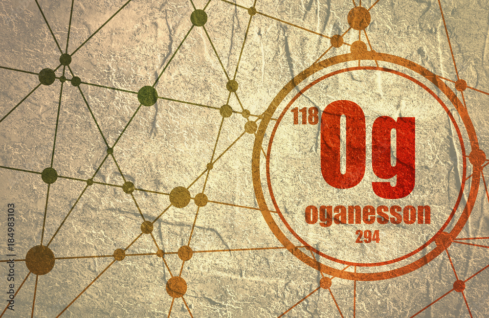 Oganesson chemical element. Sign with atomic number and atomic weight ...