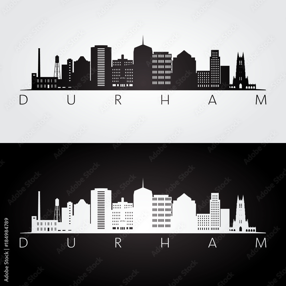 Durham usa skyline and landmarks silhouette, black and white design ...