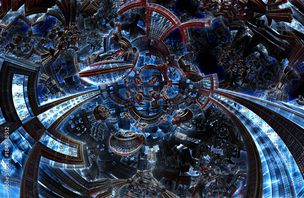 3d ultraviolet fractal of future city. Development of civilization in ...