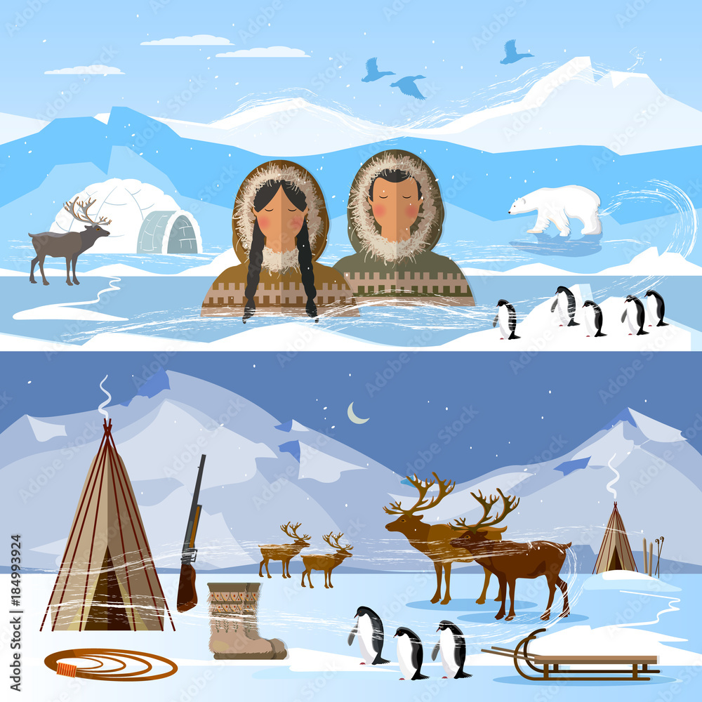 Wild north arctic people in traditional eskimos costume and arctic ...