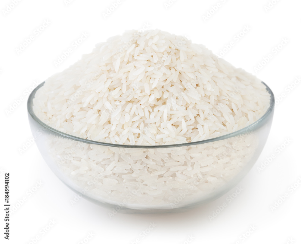 White long-grain rice in glass bowl isolated on white background with ...