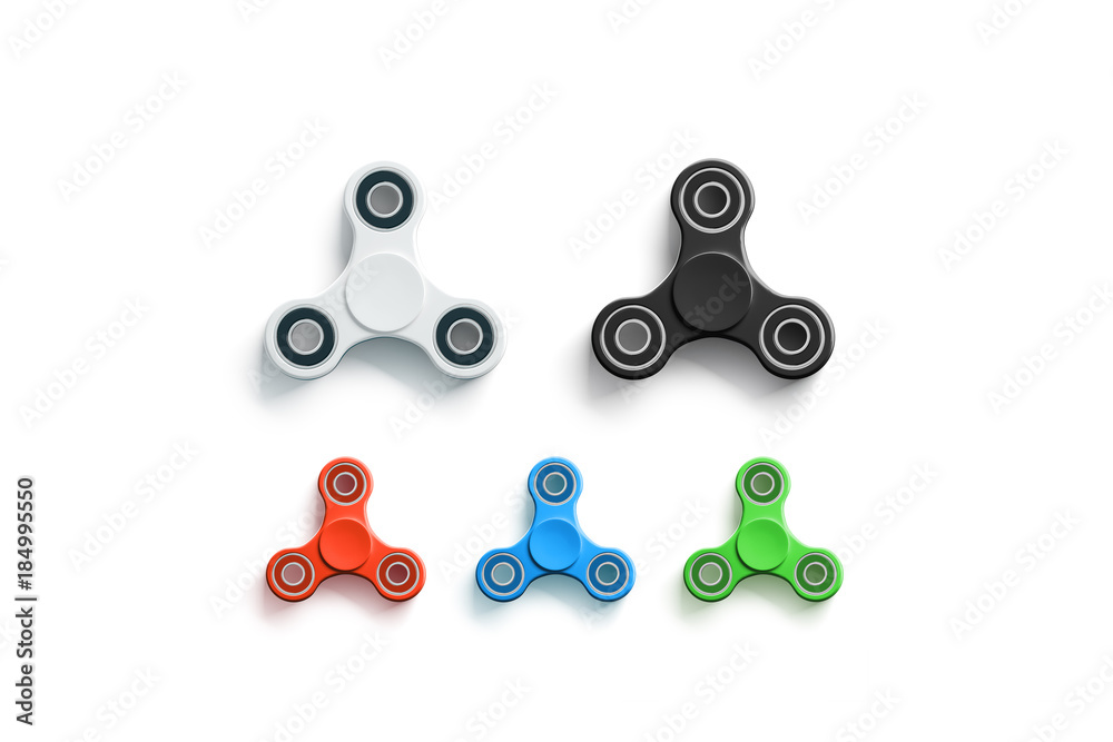 Blank colored fidget spinners mock up, top view, 3d rendering. Clear ...