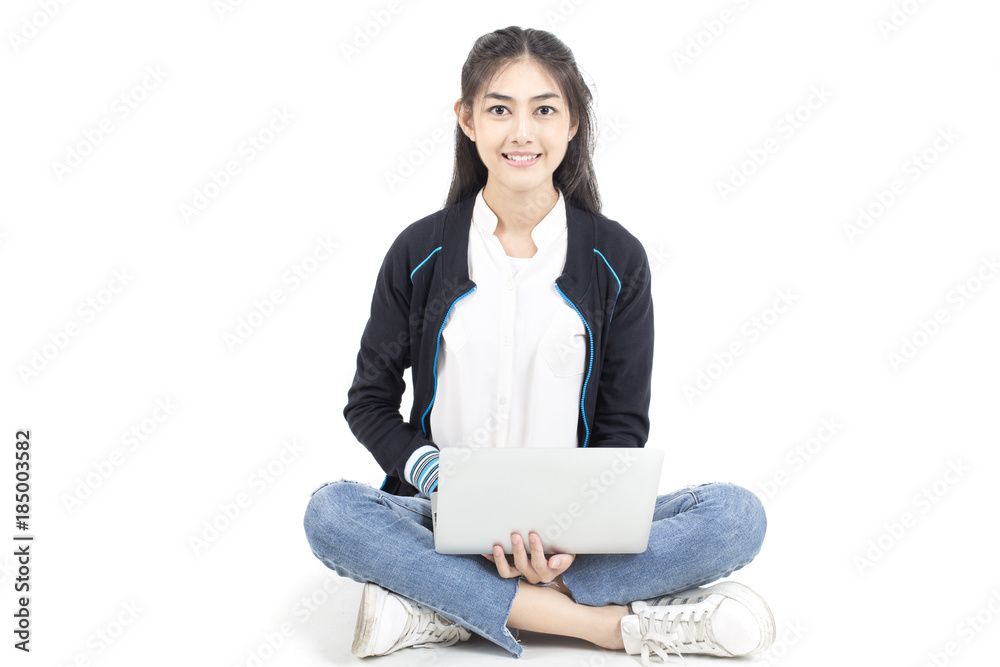 Portrait of Beautiful Young Asian Woman student using Laptop with ...