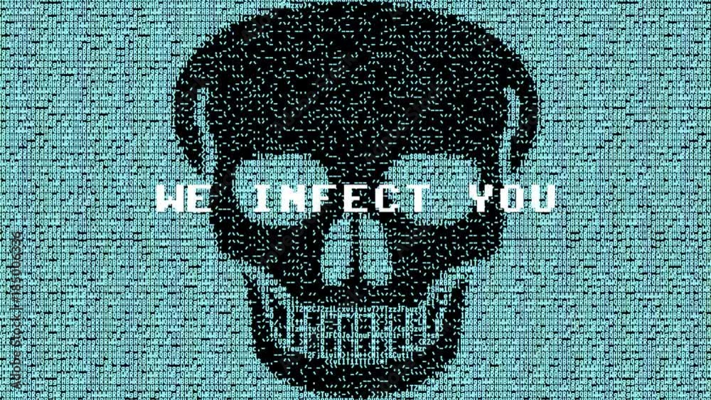 A matrix computer screen and a skull made of ASCII characters, flashing ...