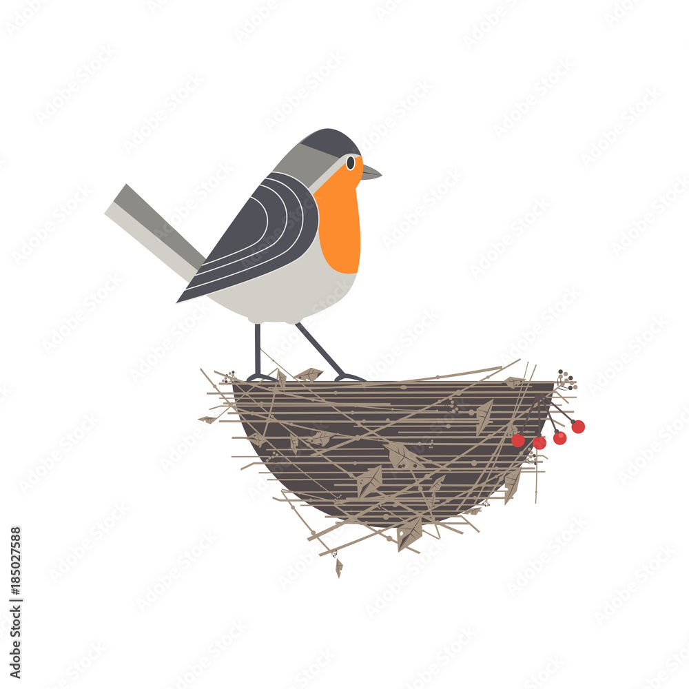 Cute Robin bird on nest icon. Fancy cartoon comic style. Winter birds ...