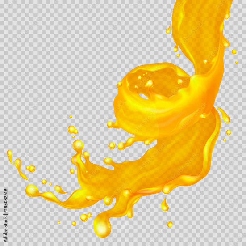 Transparent orange liquid splash flowing in a spiral. Juice background ...
