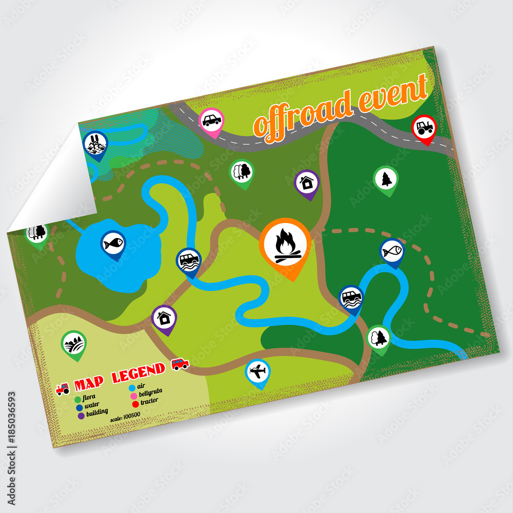 Offroad event and camping map icons set. Vector illustration. Stock ...