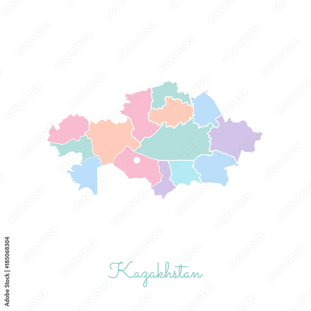 Kazakhstan region map: colorful with white outline. Detailed map of ...