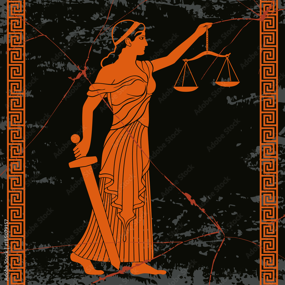 Ancient Greek goddess Themis holds a sword and scales in her hands ...