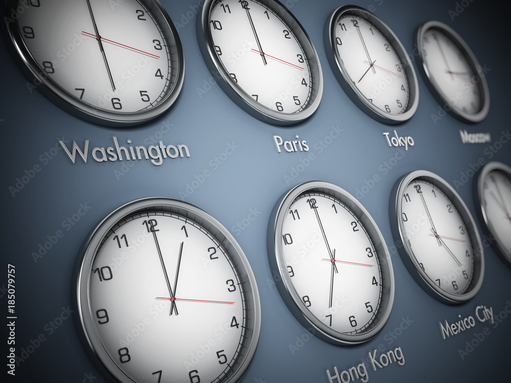 Modern wall clocks showing different time zones of world cities. 3D ...