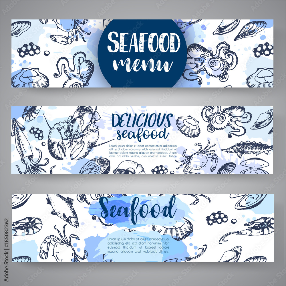 Seafood banners Hand drawn vector illustrations. Lake fish in line art ...