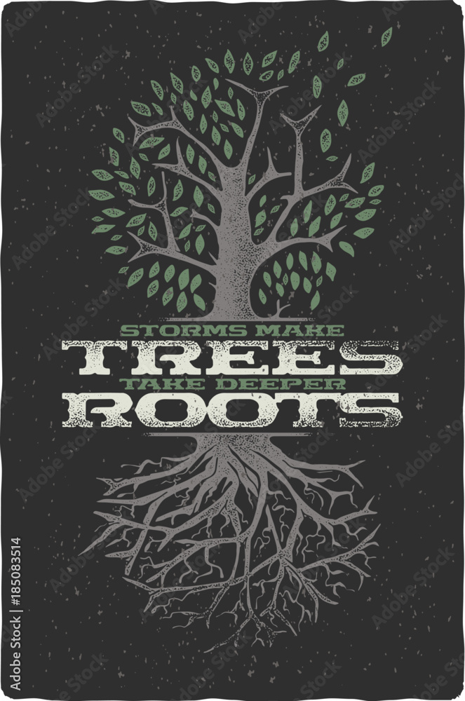 Vintage hand drawn illustration of tree with leaves and roots. With ...