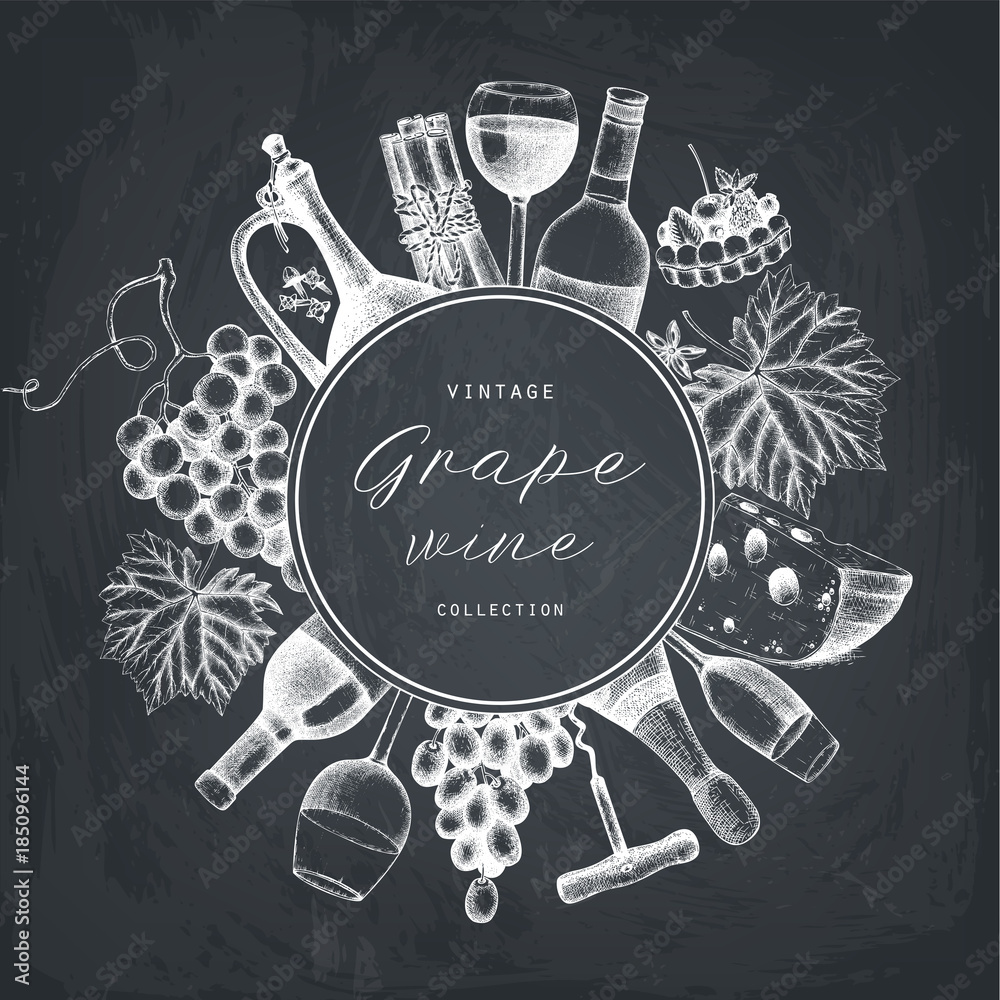 Vector grape wine frame. Hand drawn alcoholic drink template. Bar menu ...