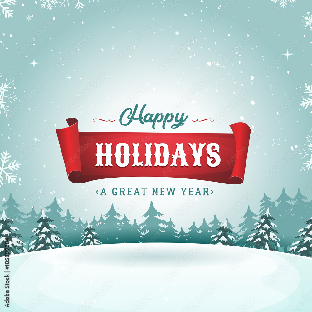 Happy Holidays Greeting Card And Christmas Landscape Stock Vector ...