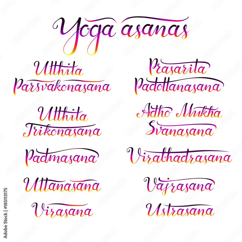 Hand drawn lettering vector poster with the titles of yoga poses ...
