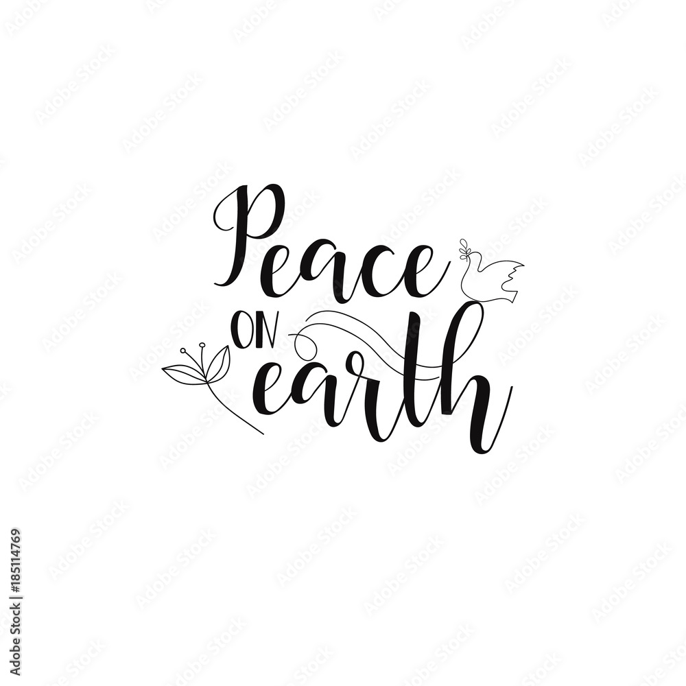 Peace on Earth. Hand written calligraphy Christmas words on a white ...