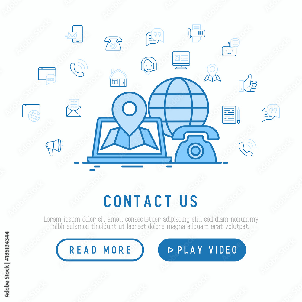 Contact us concept with thin line icons of telephone, fax, operator ...