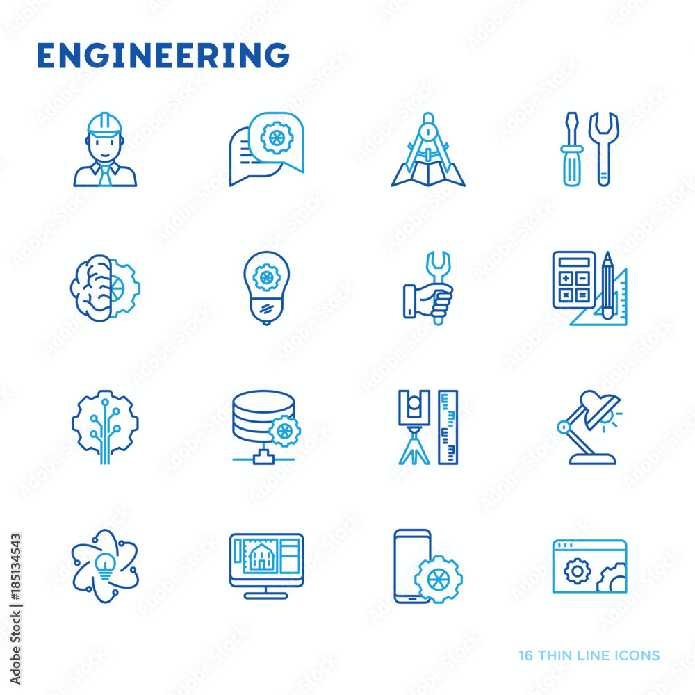 Engineering thin line icons: engineer, electrinocs, calculations, tools, repair, idea, it server ...