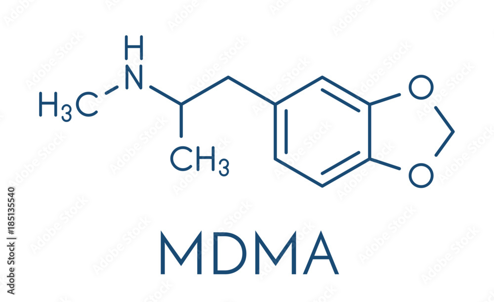 MDMA (XTC, E, ecstasy) party drug molecule. Full chemical name is 3,4 ...