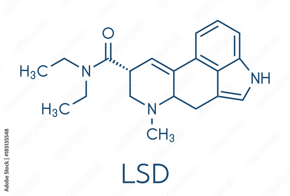 LSD (lysergic acid diethylamide) psychedelic drug molecule. Skeletal ...
