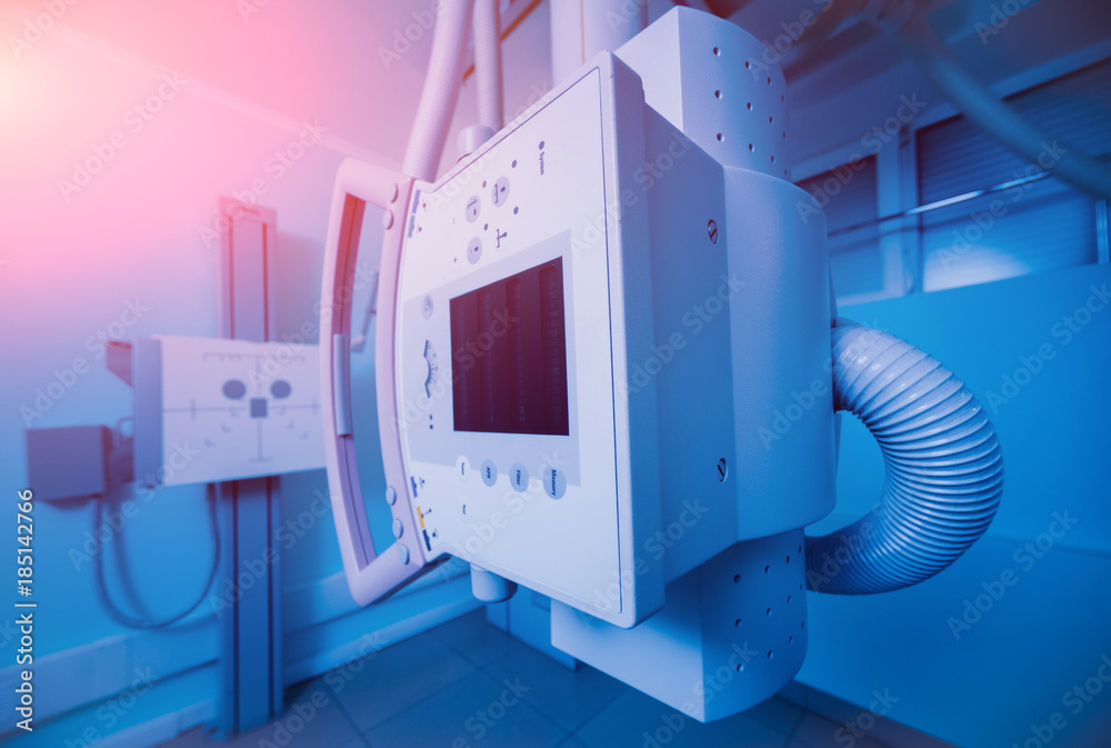 X-ray room in a hospital. Classic ceiling-mounted x-ray system. Stock ...