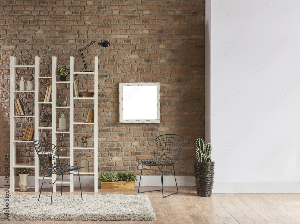 home interior style library bookshelf and frame on the brick stone wall ...