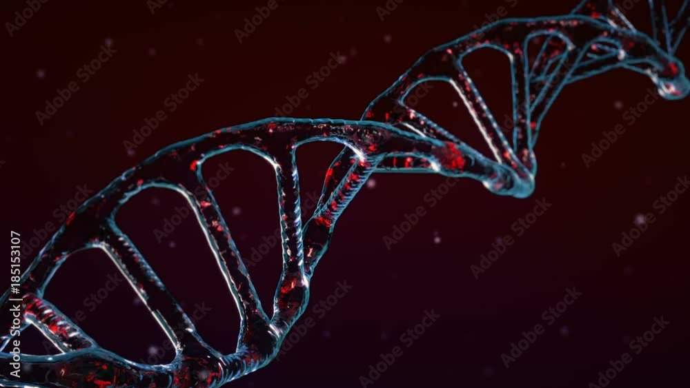 DNA glass liquid.DNA chain rotation.Red blood.Blue glass.Particles.3D ...