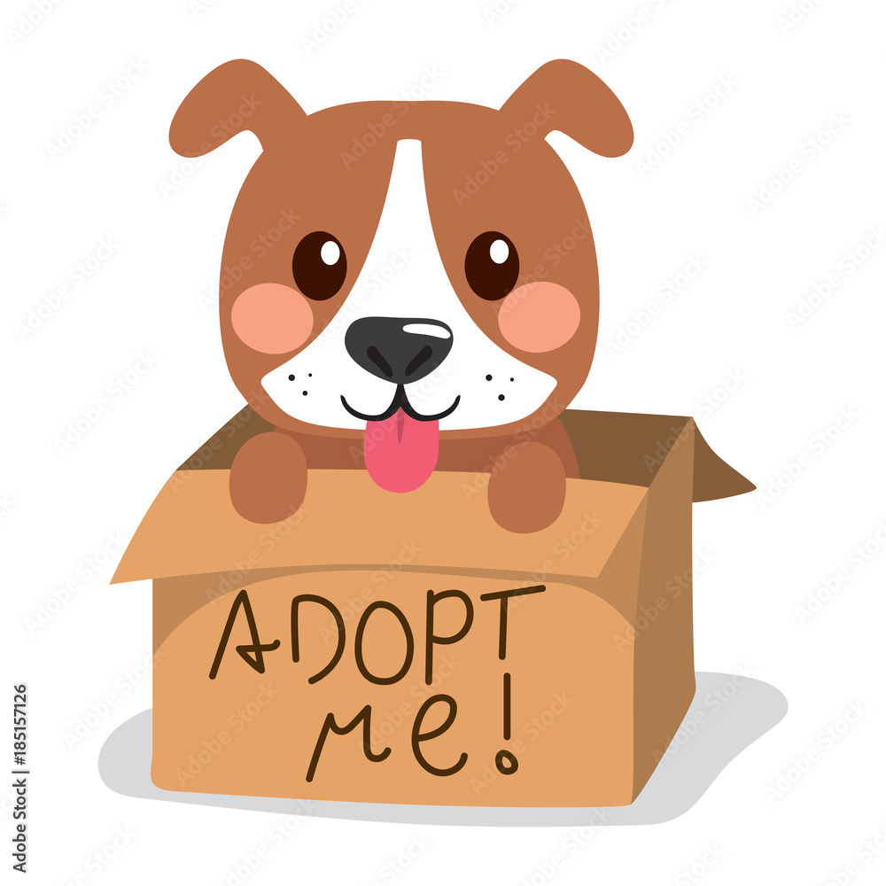 Cute little dog showing tongue inside cardboard box with adopt me text ...