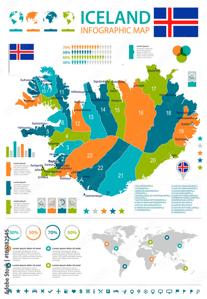 Iceland - infographic map and flag - Detailed Vector Illustration Stock ...